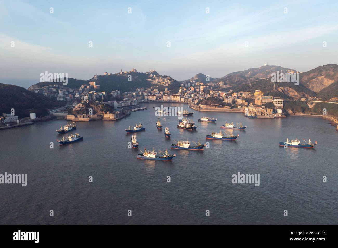 Seaside port with residental houses around, in Taizhou, Zhejiang, China ...