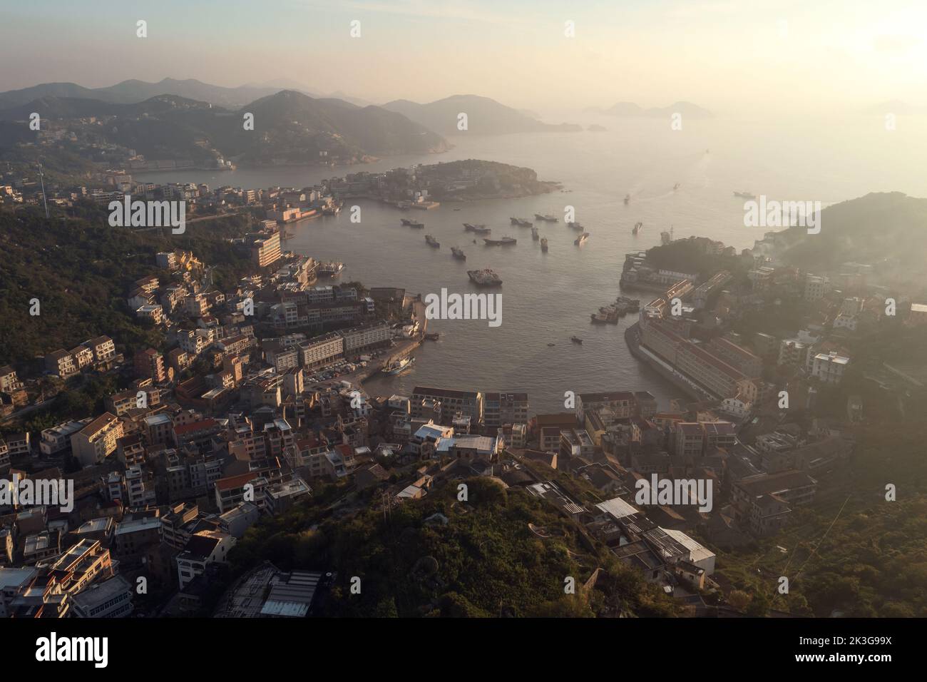 Seaside port with residental houses around, in Taizhou, Zhejiang, China ...
