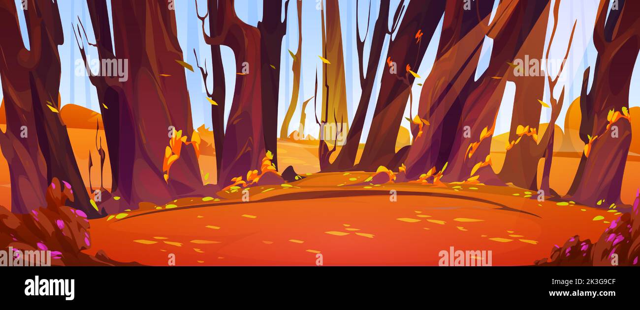 Autumn forest scene with trees and bushes with orange foliage, grass ...