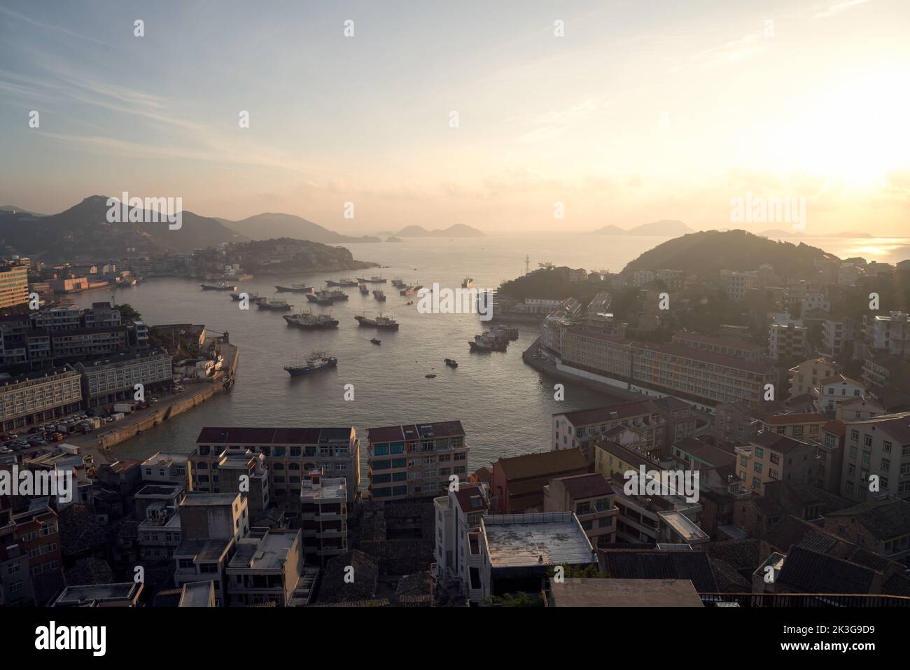 Seaside port with residental houses around, in Taizhou, Zhejiang, China ...