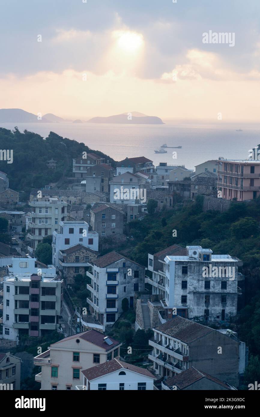 Seaside port with residental houses around, in Taizhou, Zhejiang, China ...