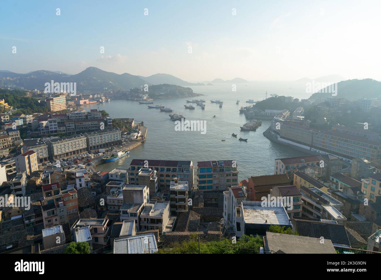 Seaside port with residental houses around, in Taizhou, Zhejiang, China ...