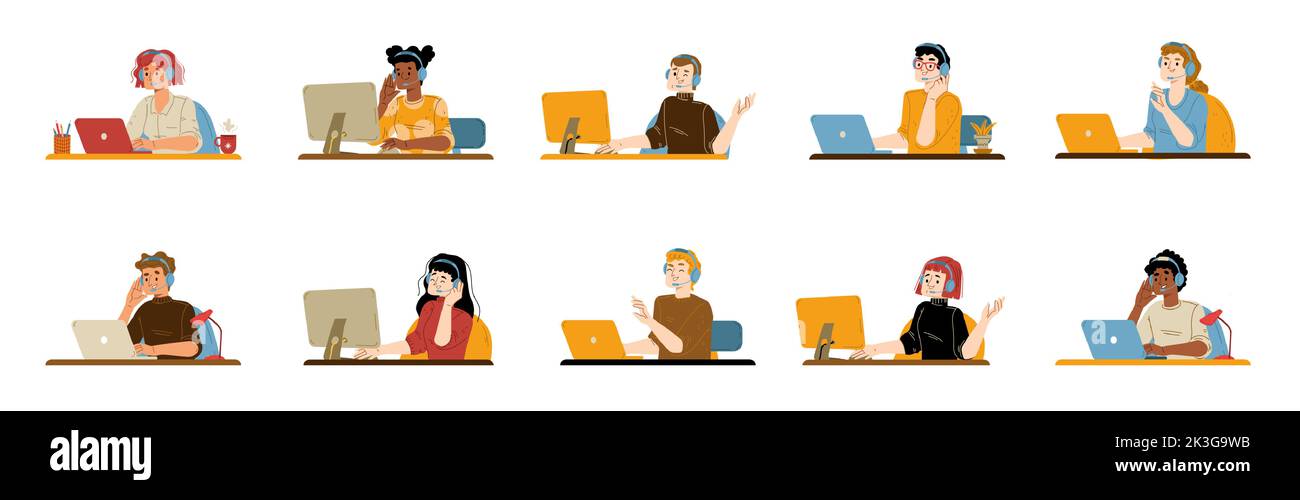 Call center operator isolated set. Customer support service, online help agents wear headset ...