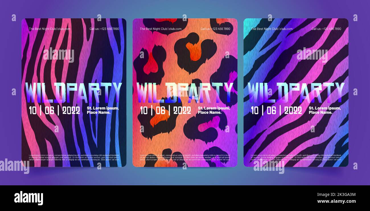 Wild party posters with holographic patterns of leopard, zebra and ...