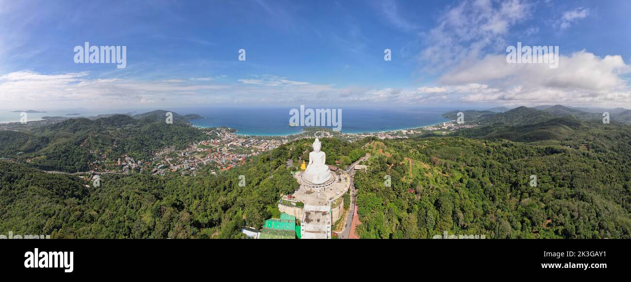 Aerial view Panorama Big buddha statue on top of the mountain in phuket ...