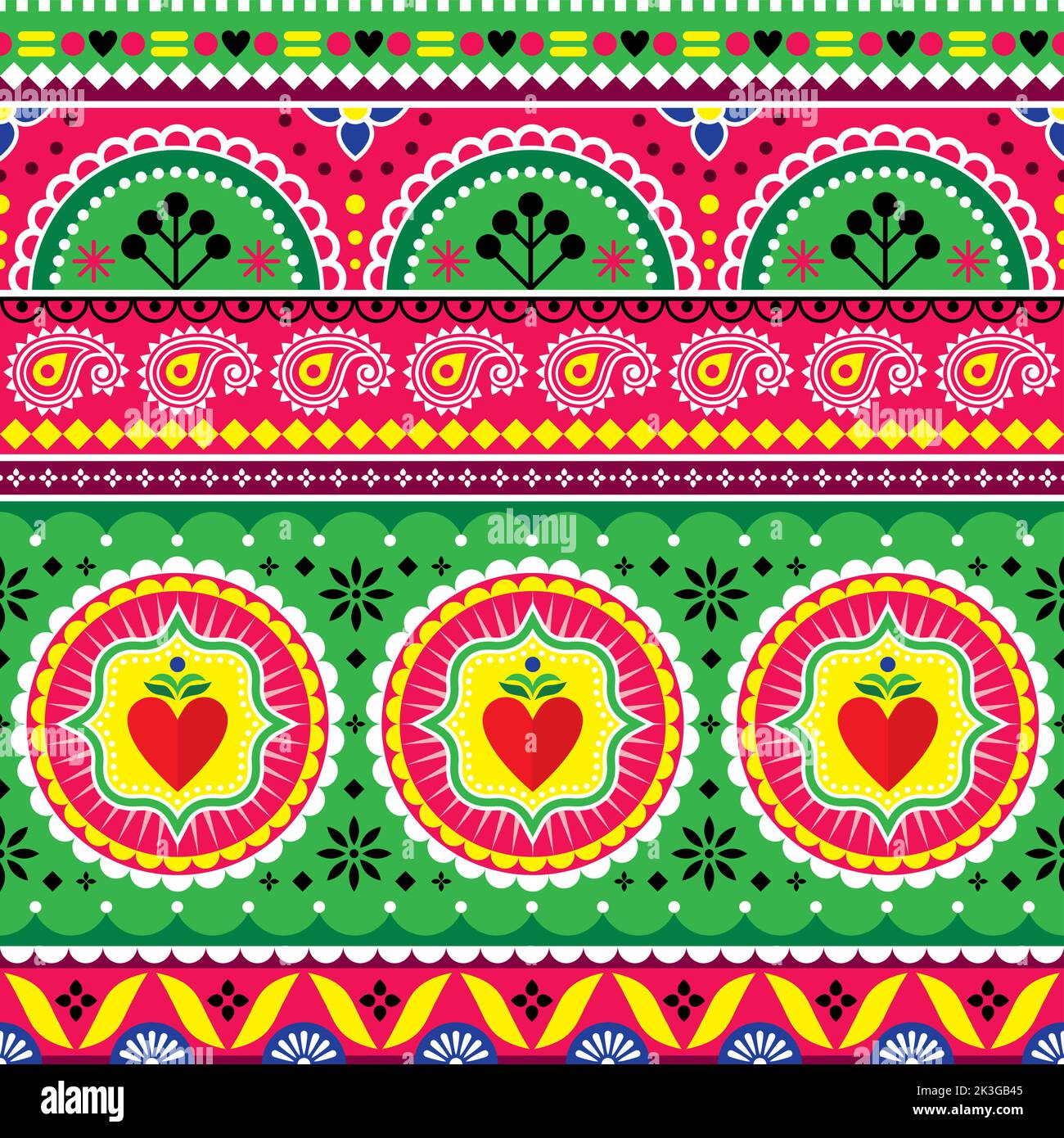 Pakistani or Indian truck art vector seamless pattern with hearts and ...