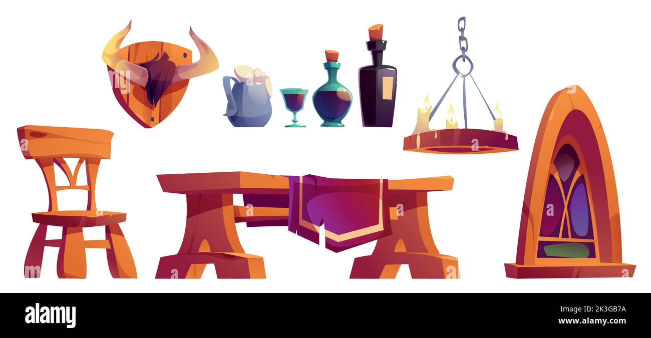 Medieval tavern furniture, wine bottles, candles and stained glass ...