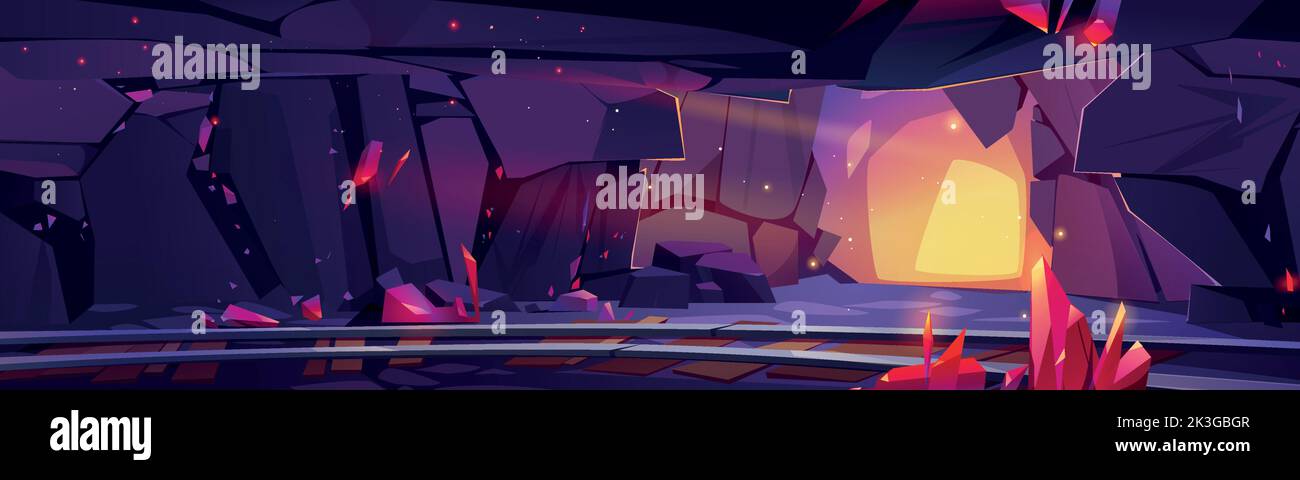 Mine tunnel with red crystals, rails and light from entrance ...