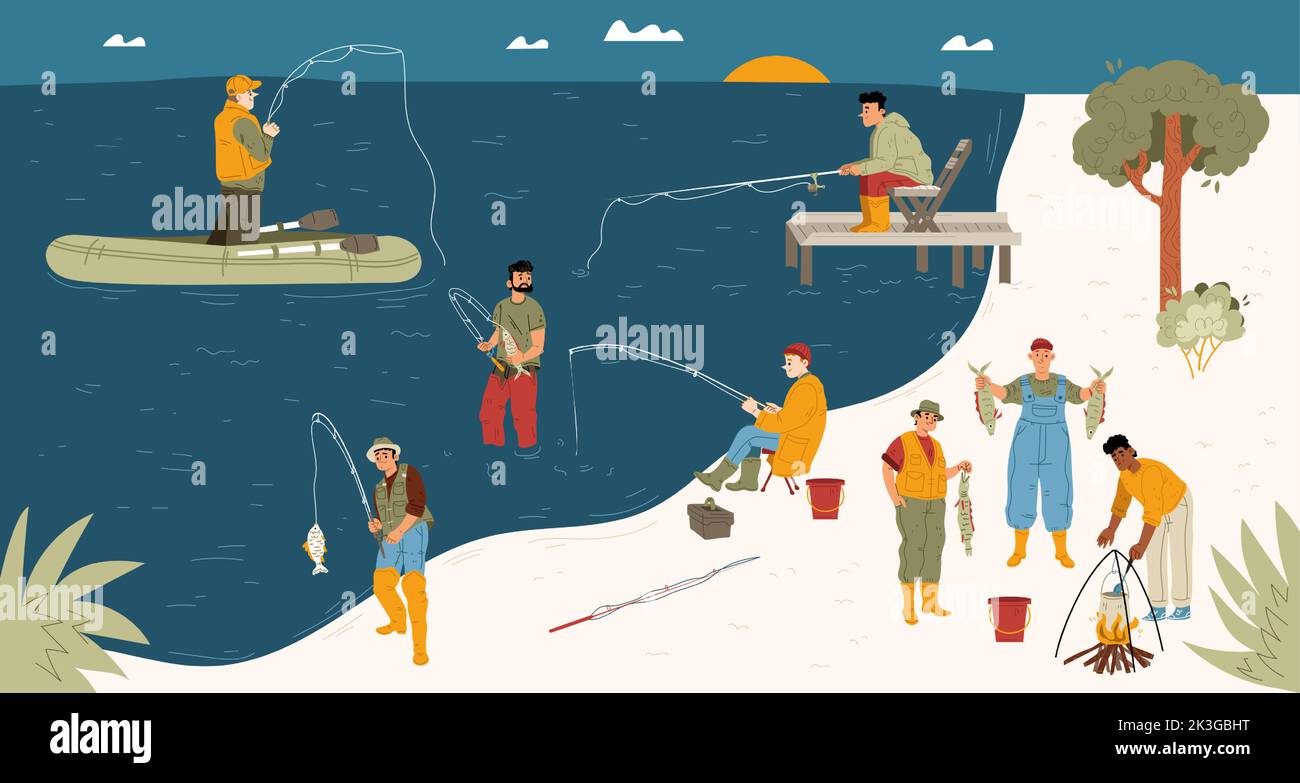 Fisherman at morning fishing, men with rod in boat and pier, cooking ...