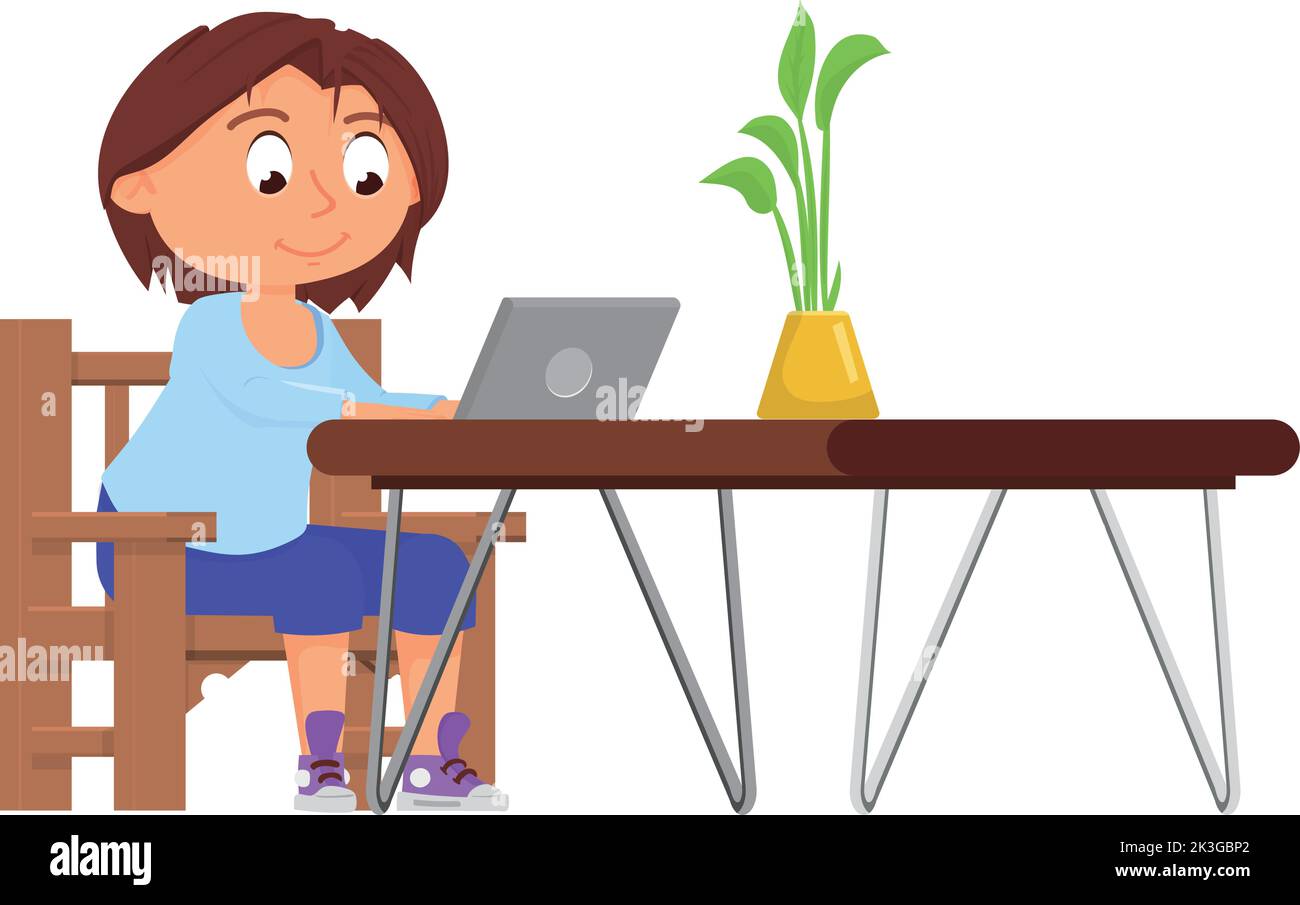 Remote worker character. Woman sitting in cafe with laptop Stock Vector ...