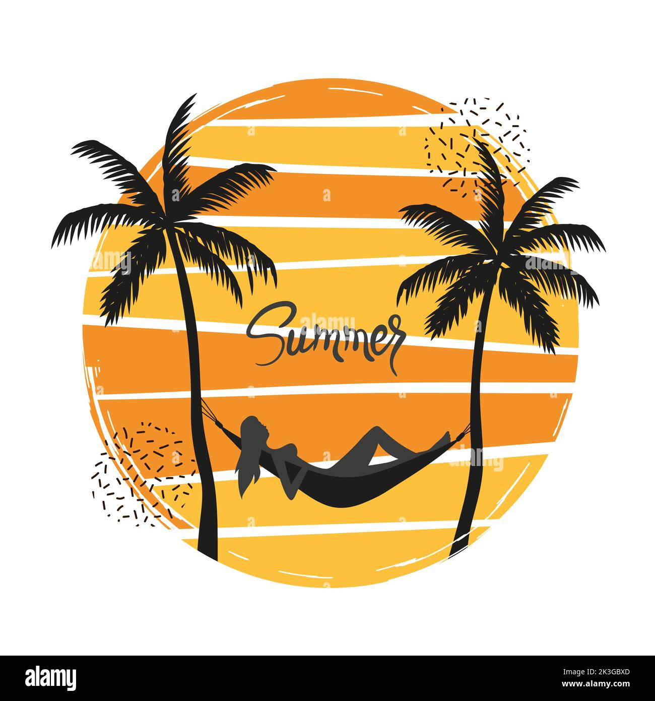 Summer vacation on tropical beach. Girl lying in hammock under palm trees vector illustration ...