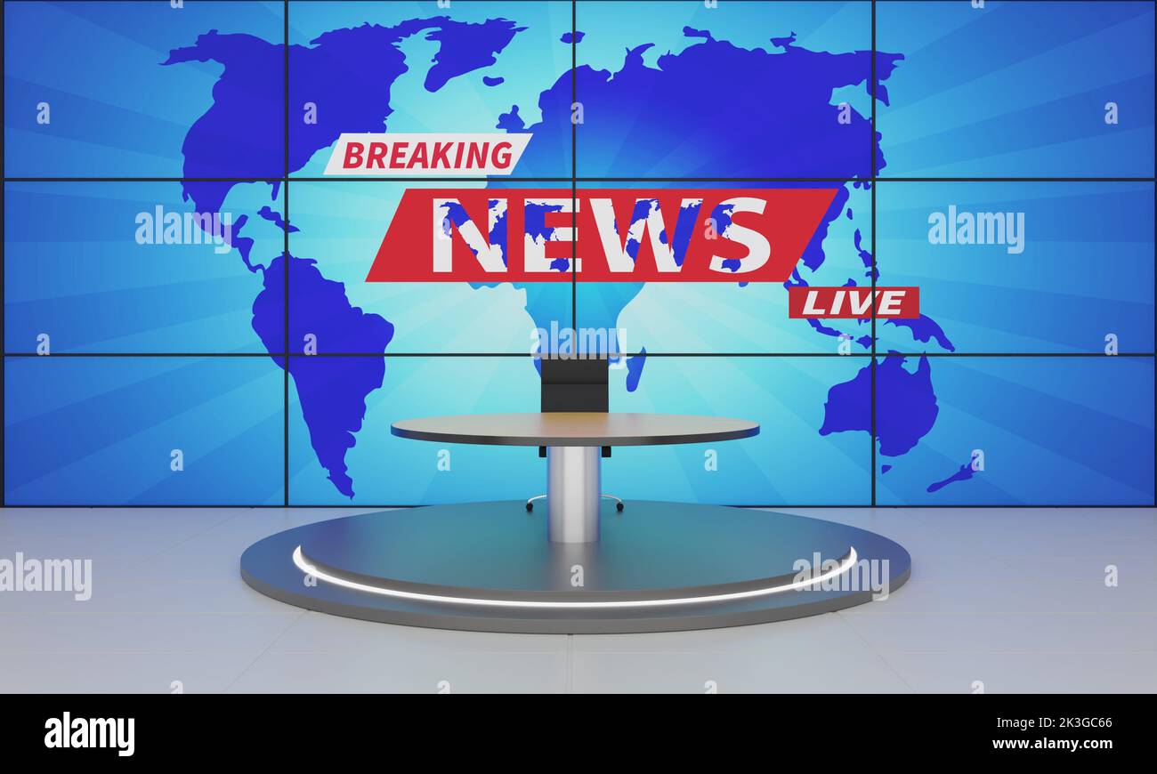 wood table on stand with led screen background in the red news studio ...