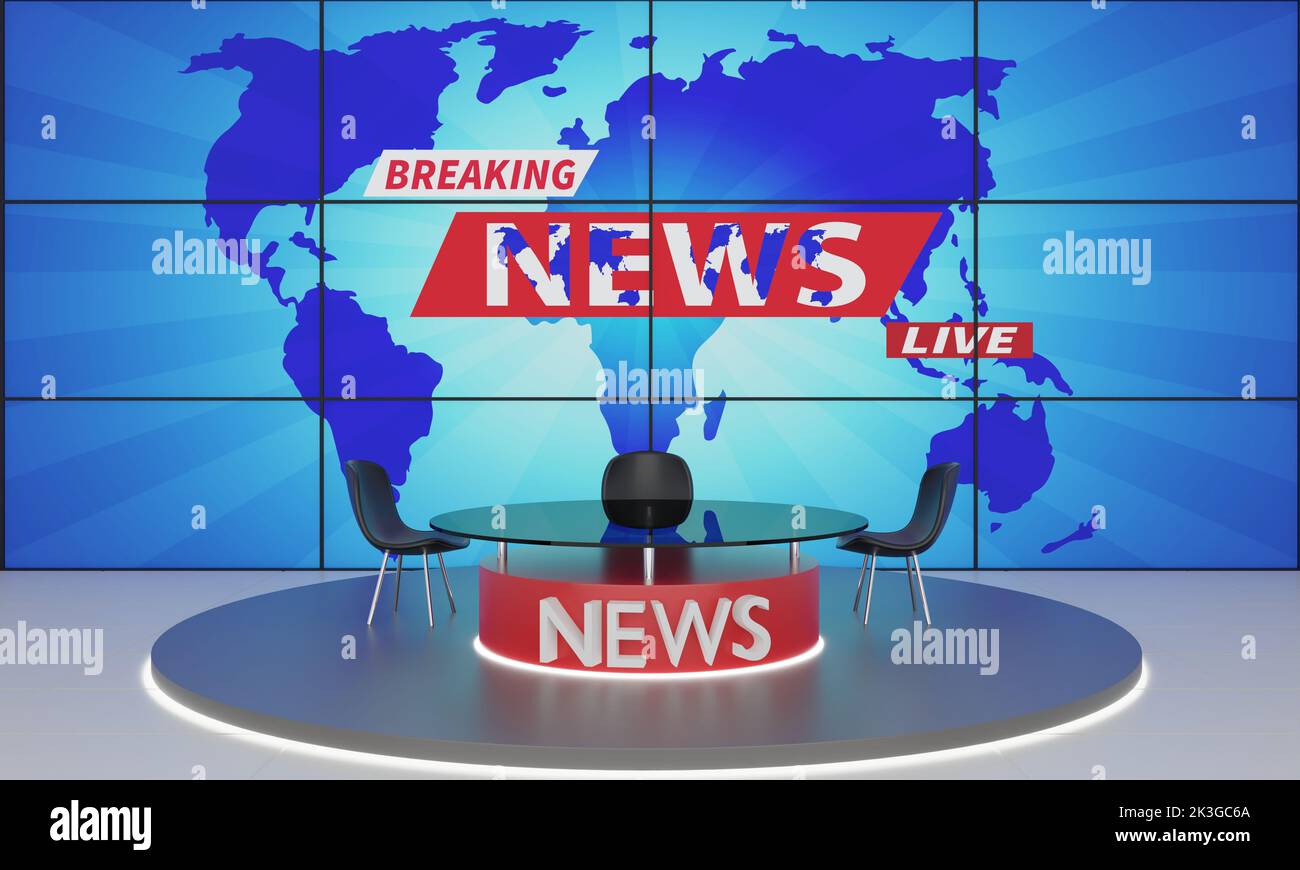 wood table on stand with led screen background in the red news studio ...