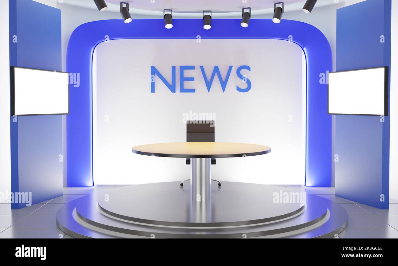 wood table and lcd background in the news studio room.3d rendering ...