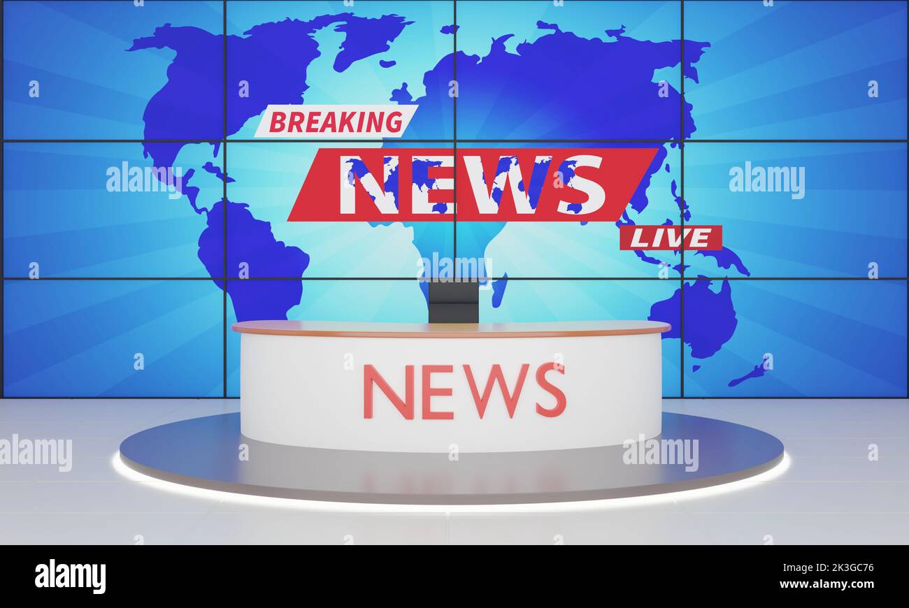 wood table and lcd background in the news studio room.3d rendering ...
