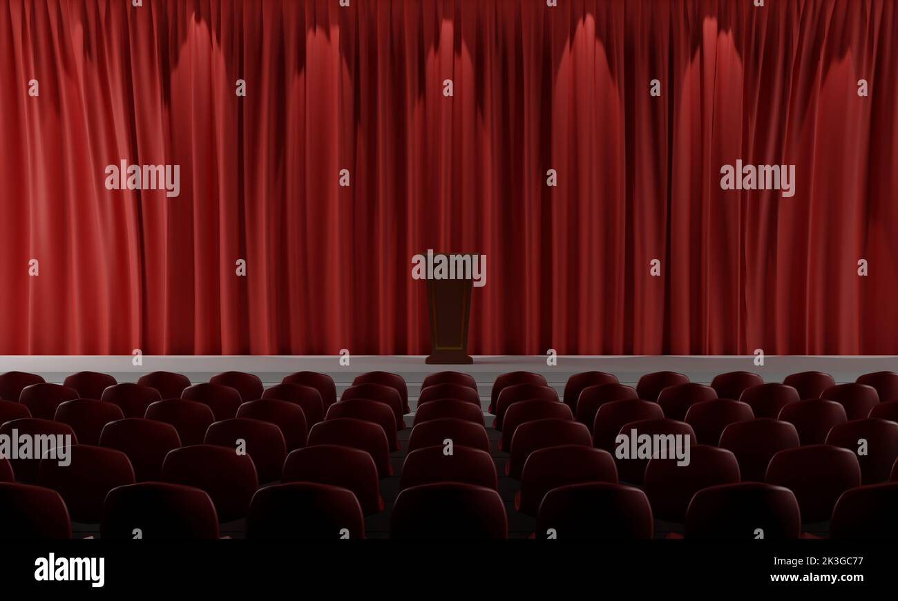 wooden announcement podium and red curtain on the stage in the hall.3d ...