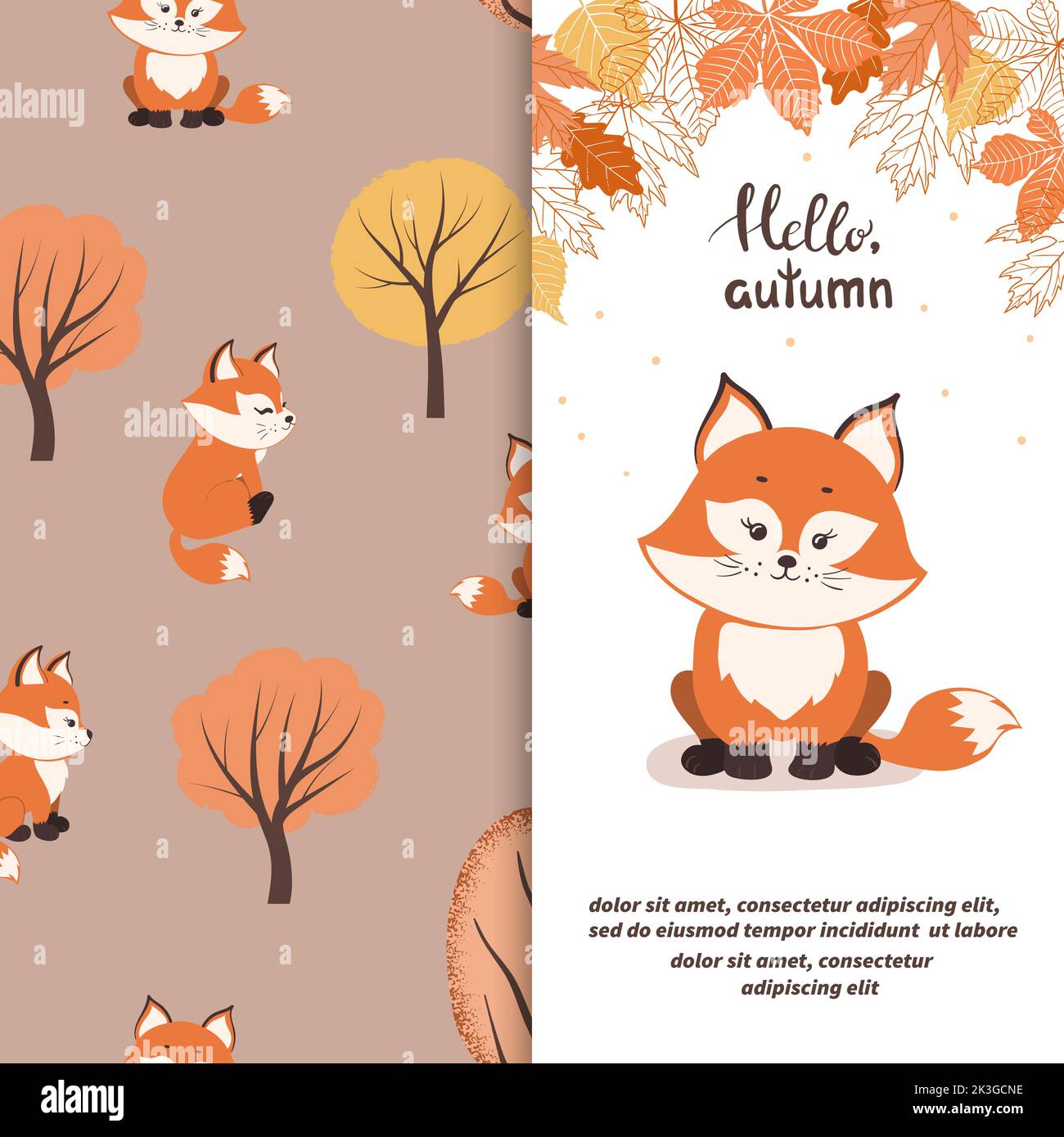 Cartoon little fox. Seamless autumn forest pattern with cute foxes for ...