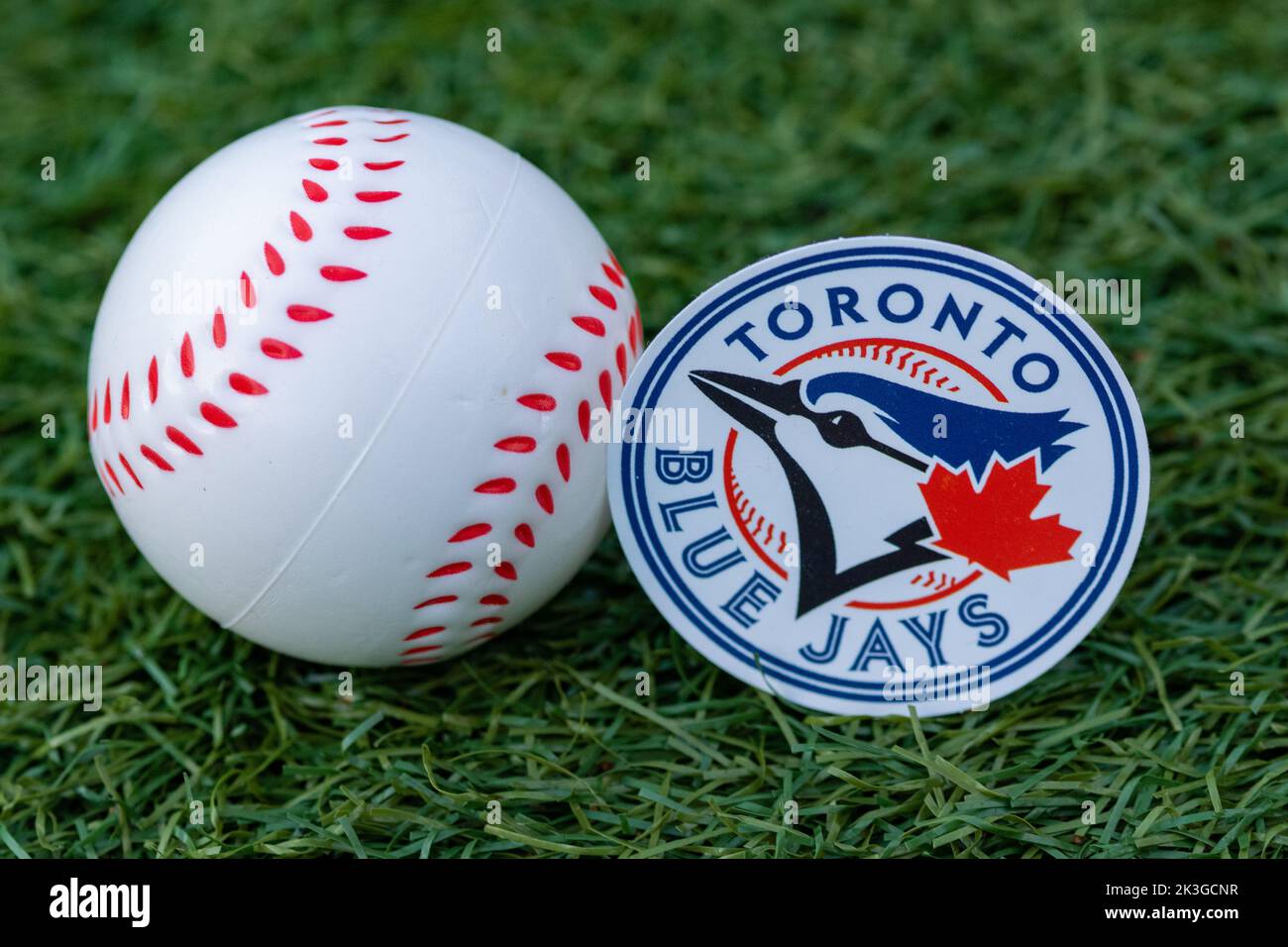 September 26, 2022, Cooperstown, New York. Toronto Blue Jays emblem and ...