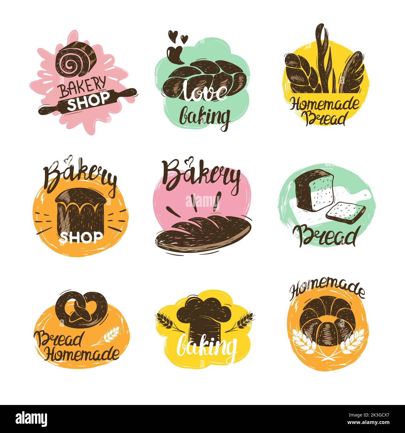 Bakery logotypes set. Colorful doodle bakery logos and labels collection of bread Stock Vector ...