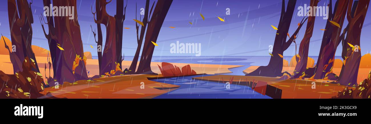 Autumn landscape with forest, river flowing into sea and meadow in rain ...