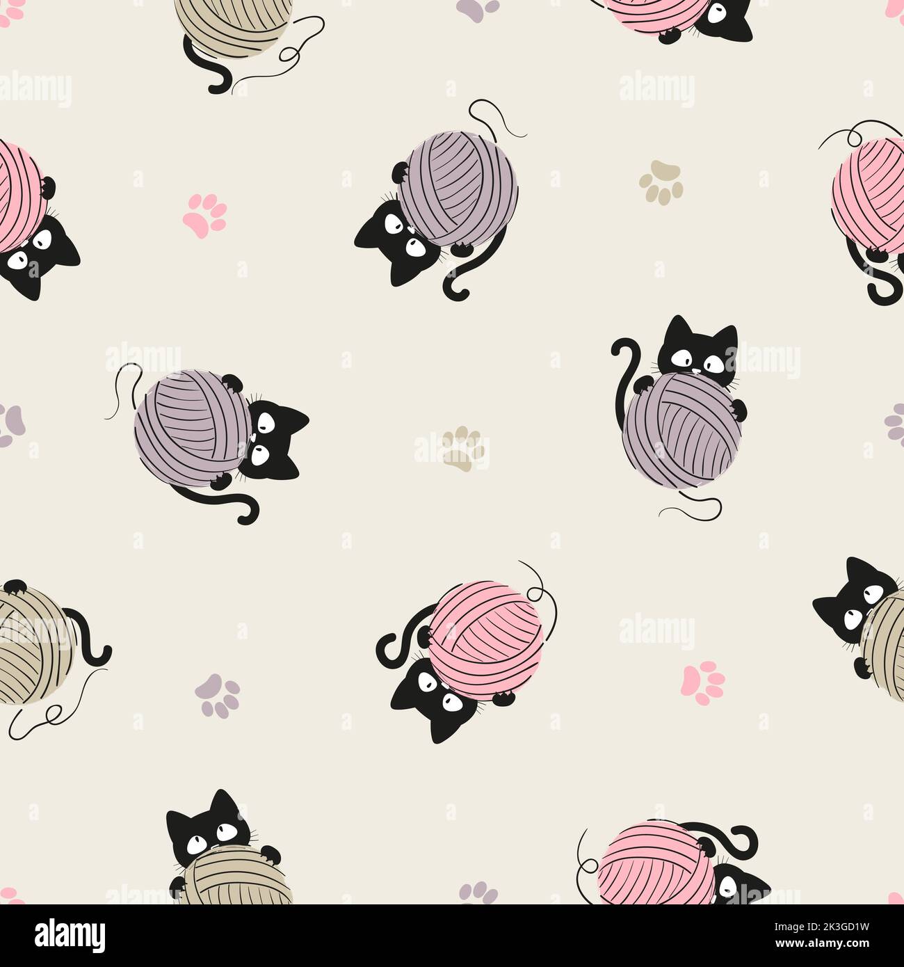 Black cats with yarn balls pattern. Seamless knitting background Stock ...