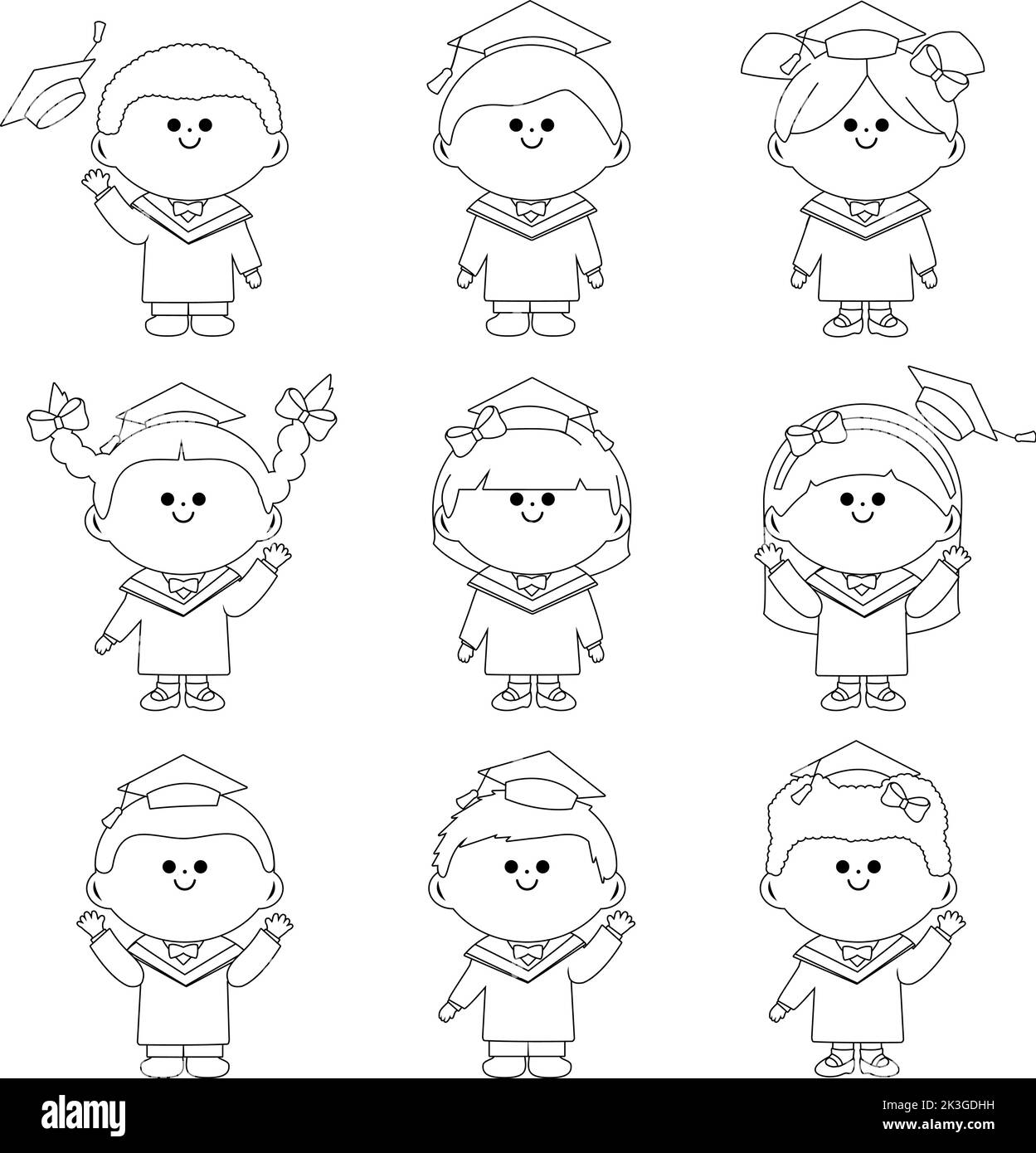 Group of children with graduation gowns and hats. Vector black and ...
