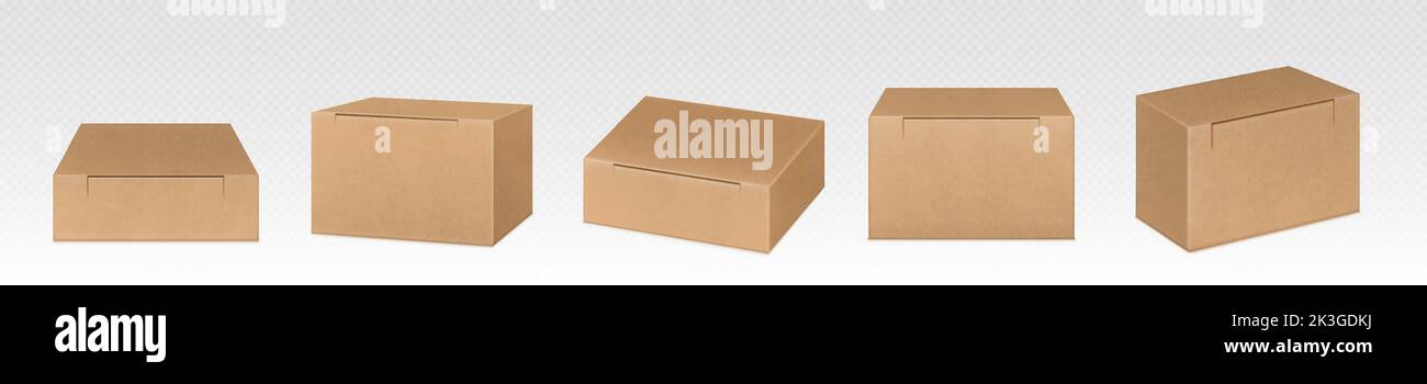 Craft eco package, boxes mockup, brown square carton parcel containers. Closed cardboard ...