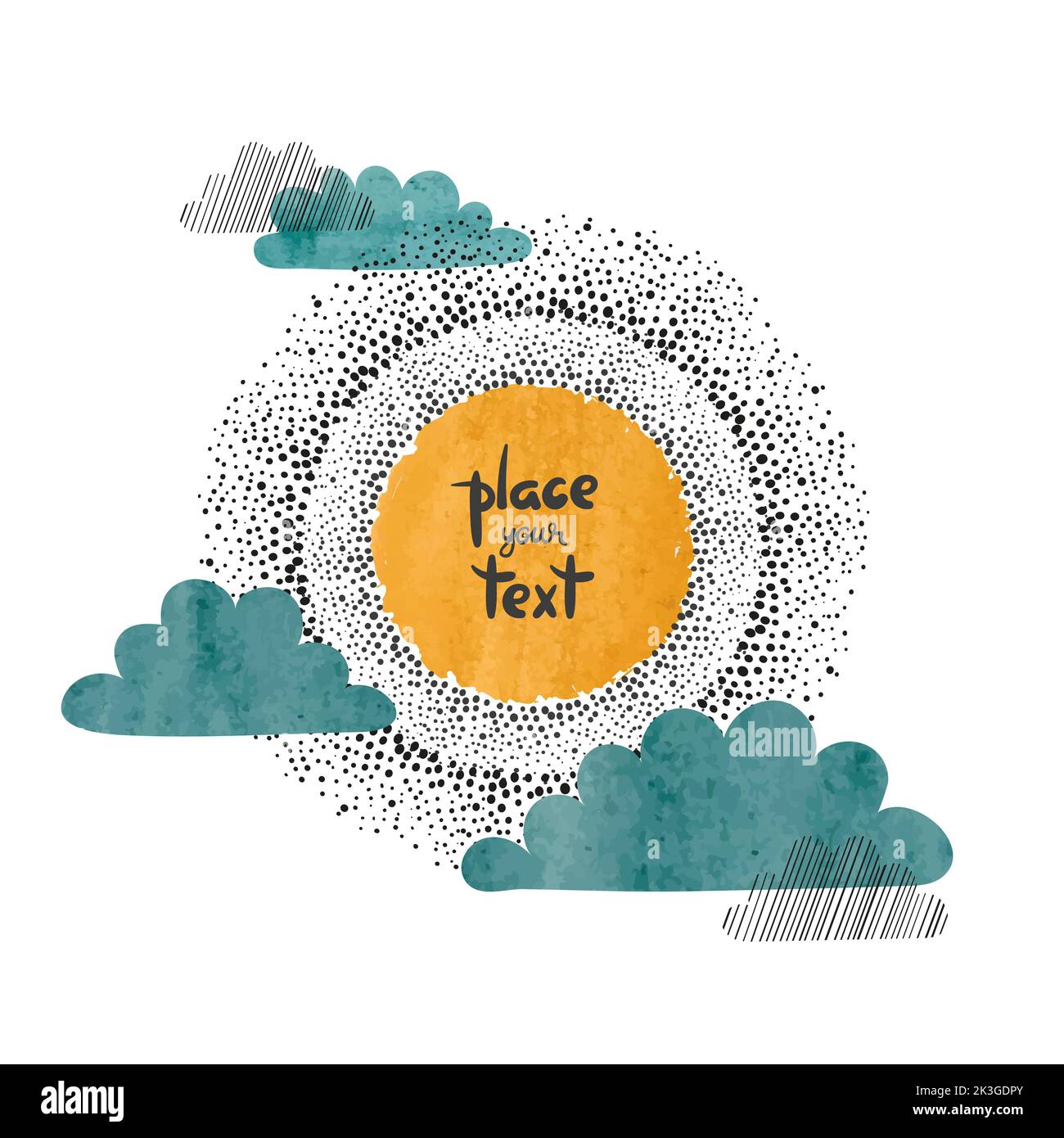 Sun with clouds vector illustration. Hand drawn watercolor weather ...