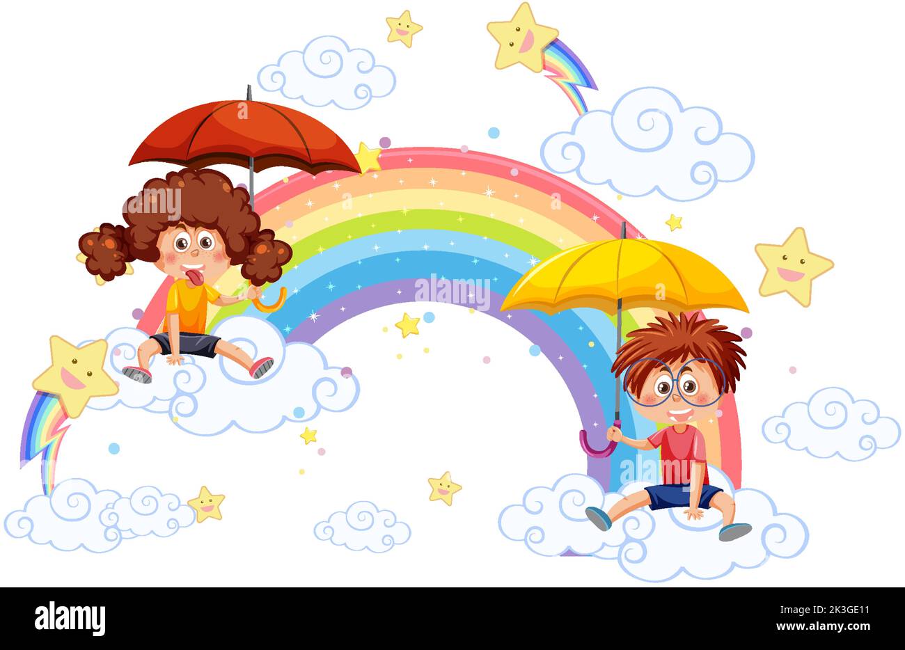 Children sitting on clouds with rainbow illustration Stock Vector Image ...