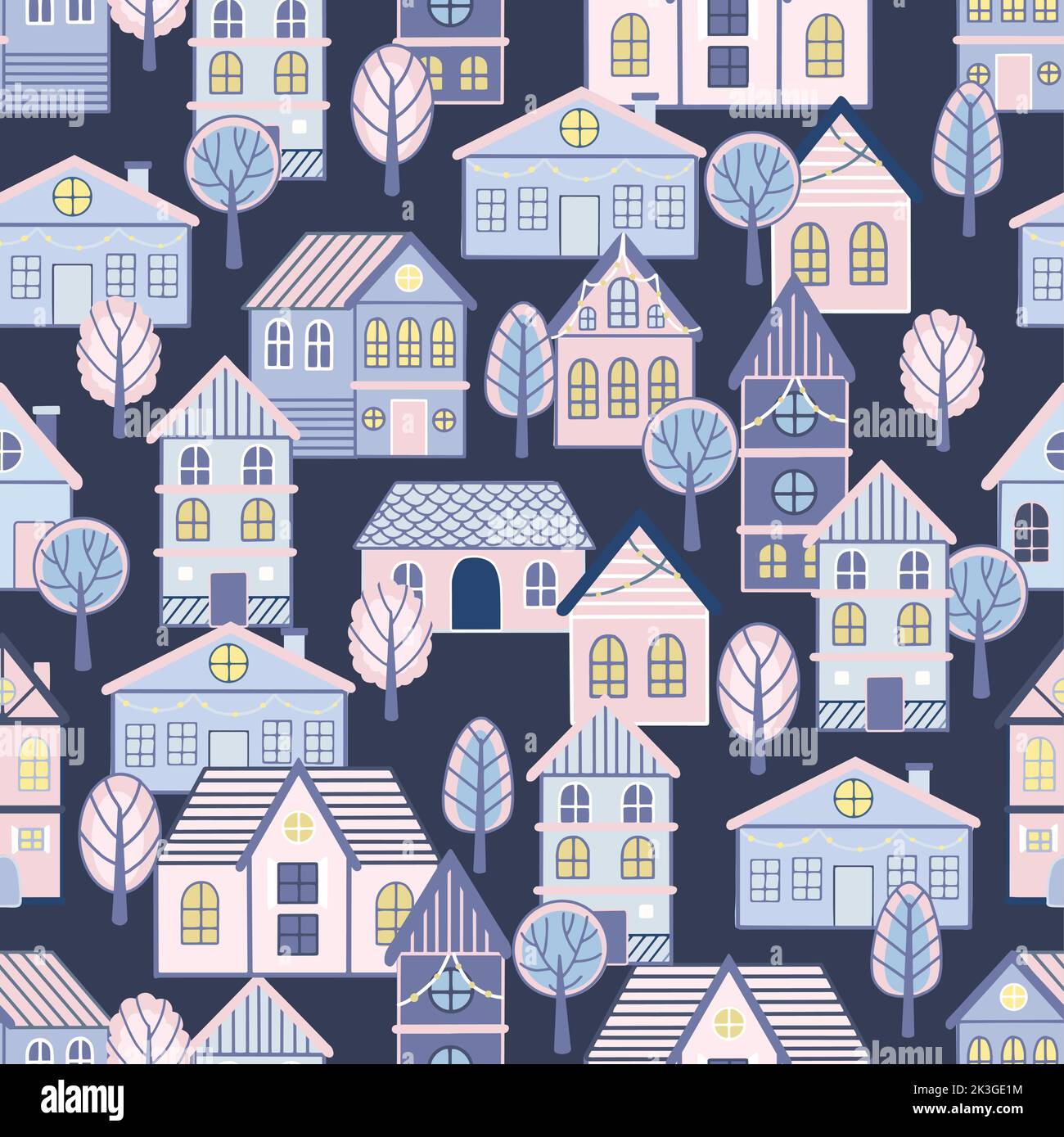 Vector Seamless pattern with hand drawn tree and house. Great for ...