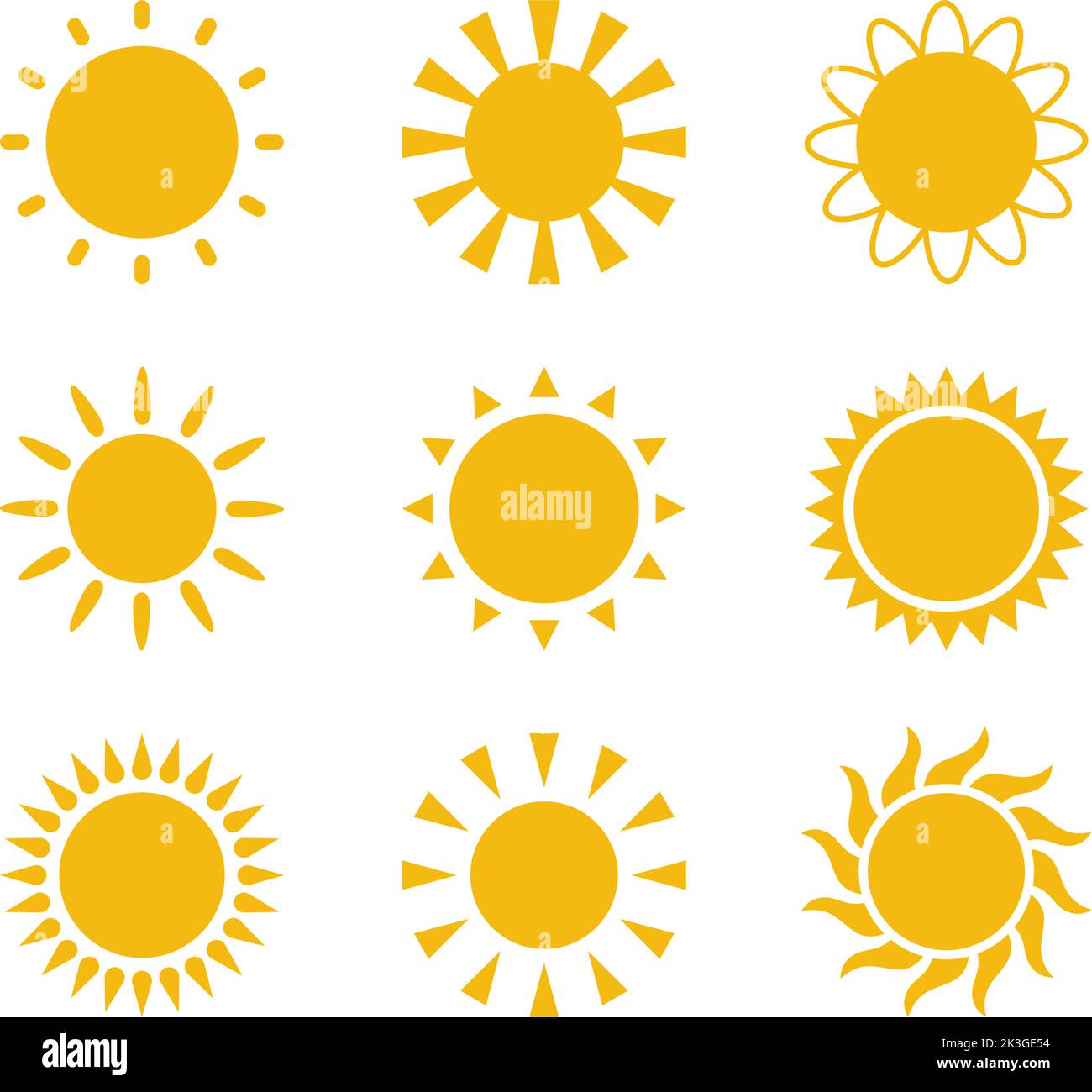 Yellow flat sun with rays icons in various design. Sun silhouette icons ...