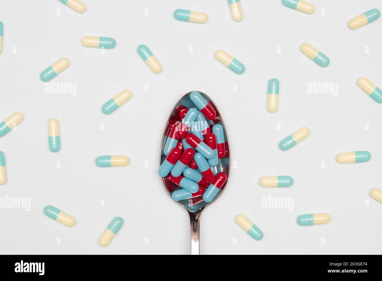 Pharmaceutical and health concept, Antibiotic capsules blue red in ...