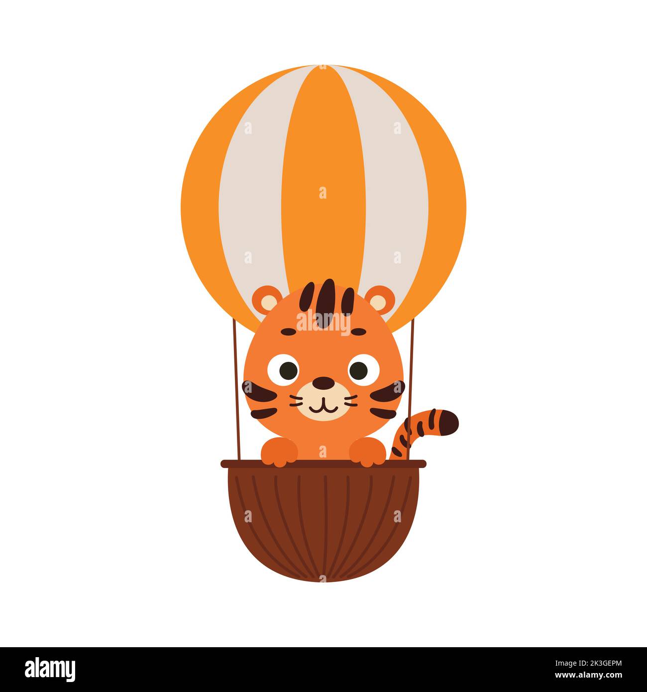 Cute little tiger flying on hot air balloon. Cartoon animal character ...