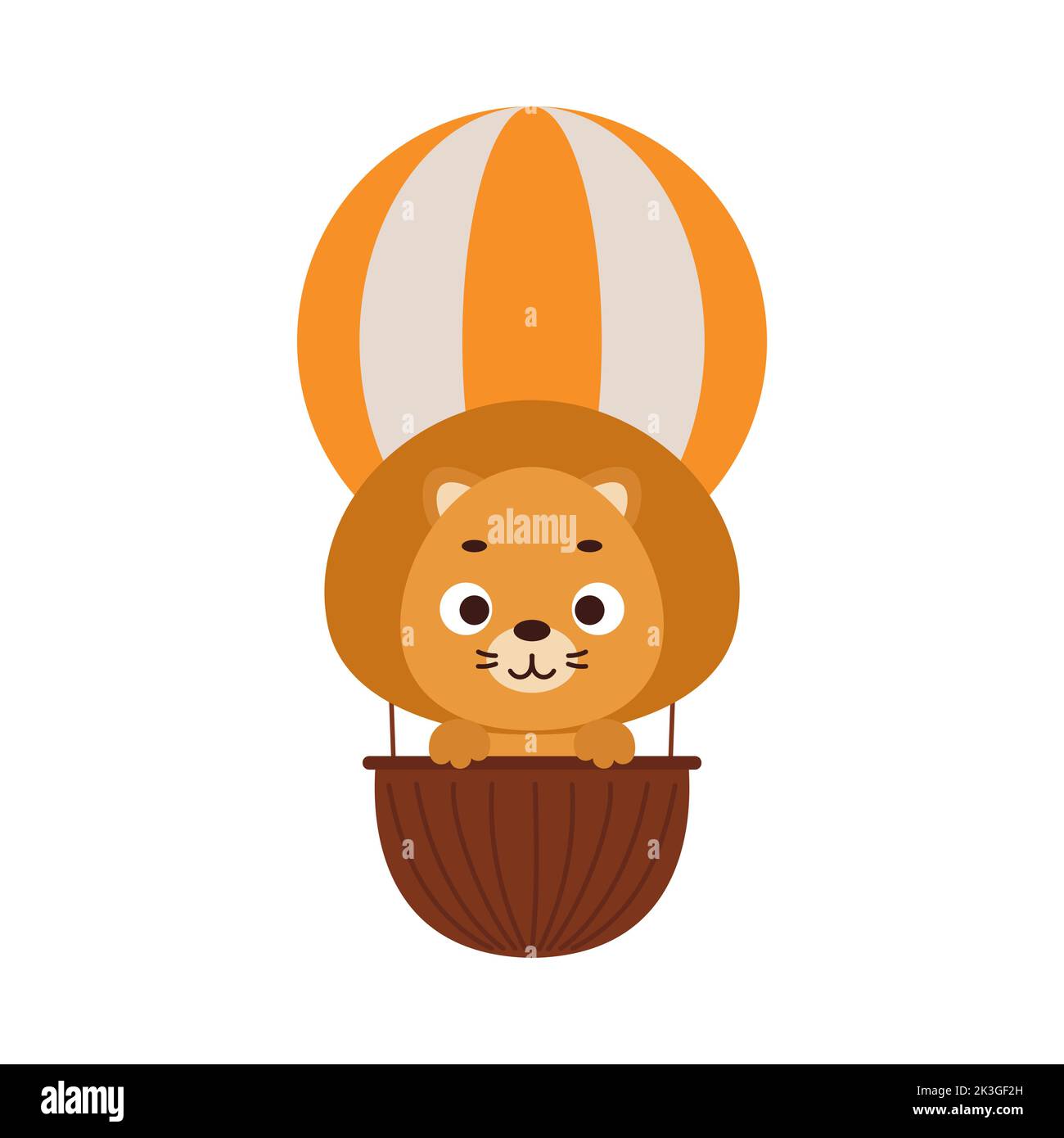 Cute little lion flying on hot air balloon. Cartoon animal character ...