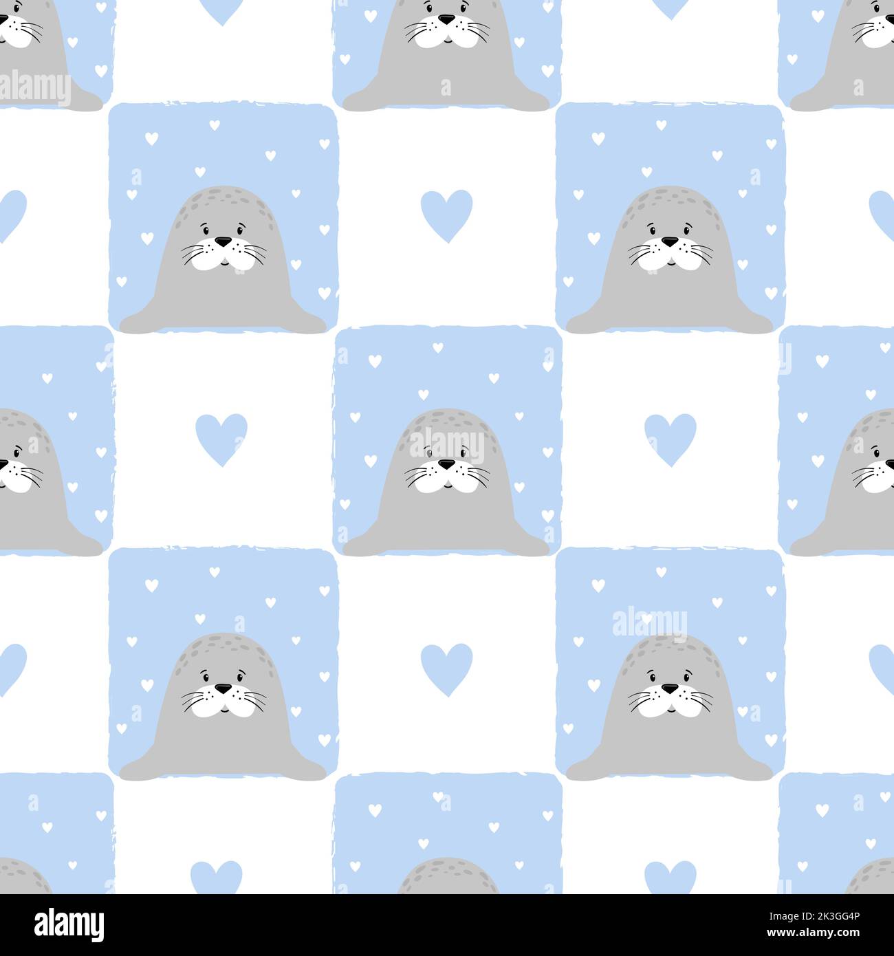 Seamless checked pattern with cute cartoon seals. Vector background for ...