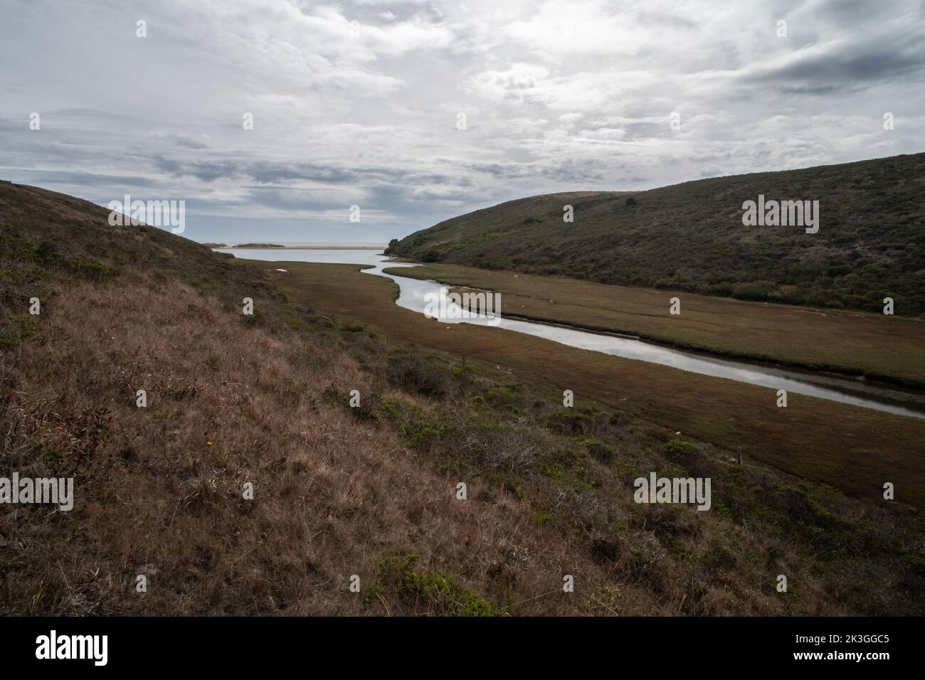 An estuary where a slough runs into a bay which connects to the Pacific ...