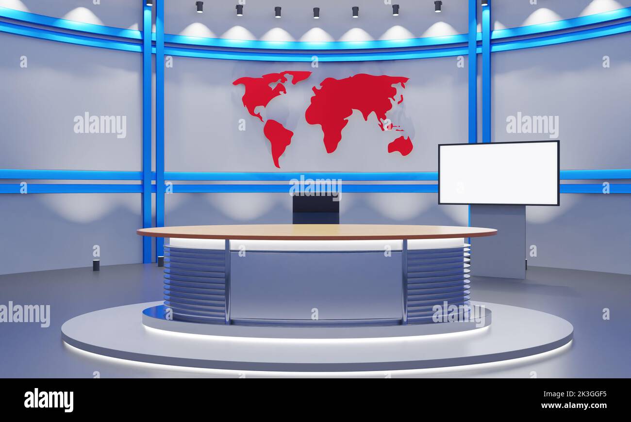 wood table and lcd background in the news studio room.3d rendering ...