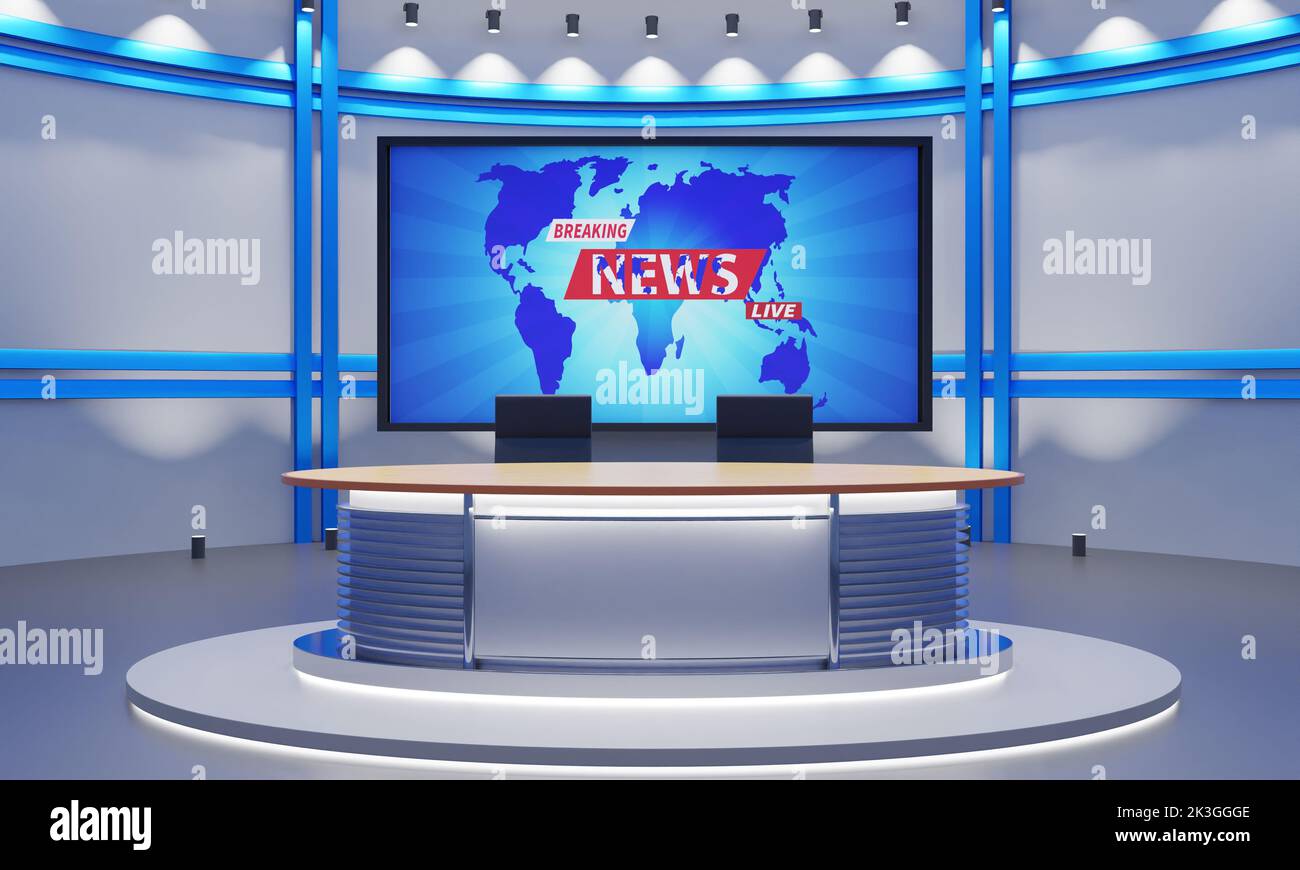 wood table and lcd background in the news studio room.3d rendering ...