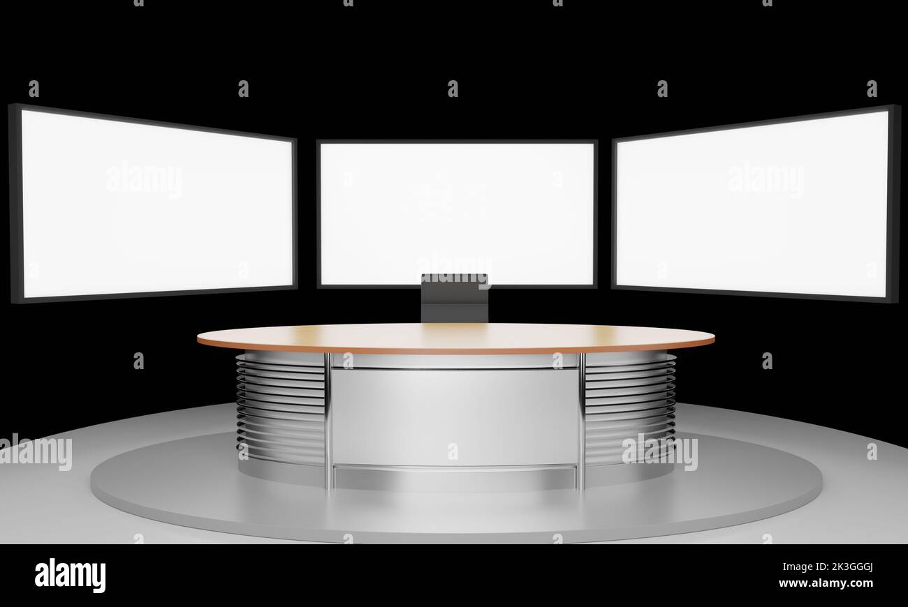 wood table and lcd background in the news studio room.3d rendering ...