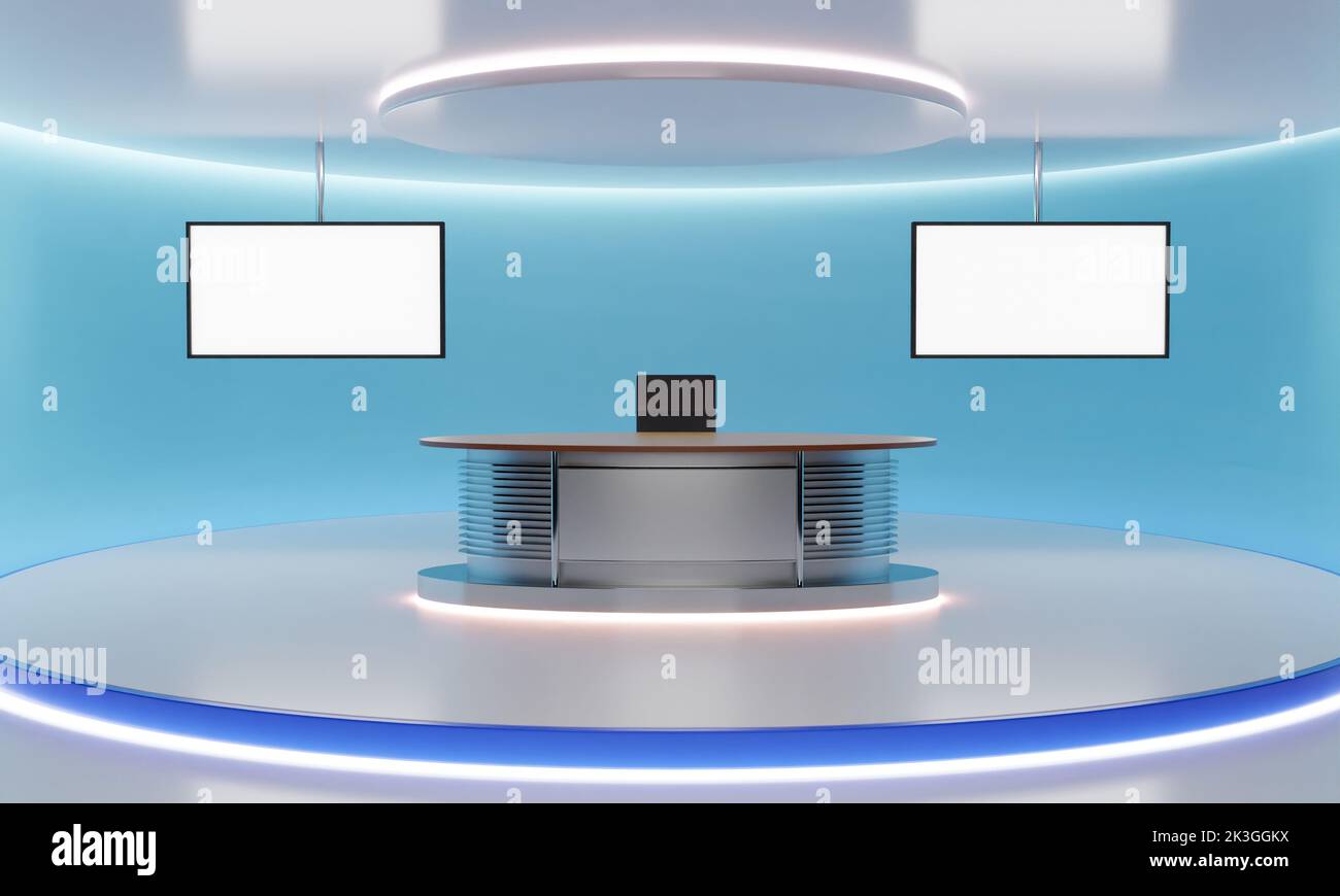 wood table and lcd background in the news studio room.3d rendering ...