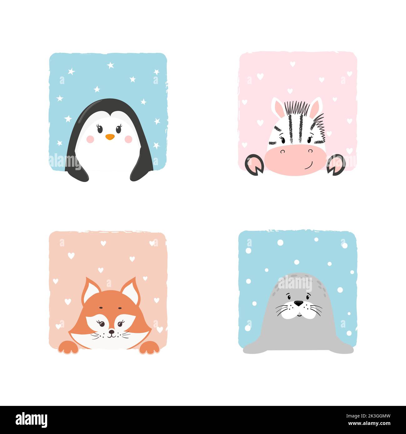 Set of cartoon animals. Cute animal portraits - zebra, fox, penguin ...