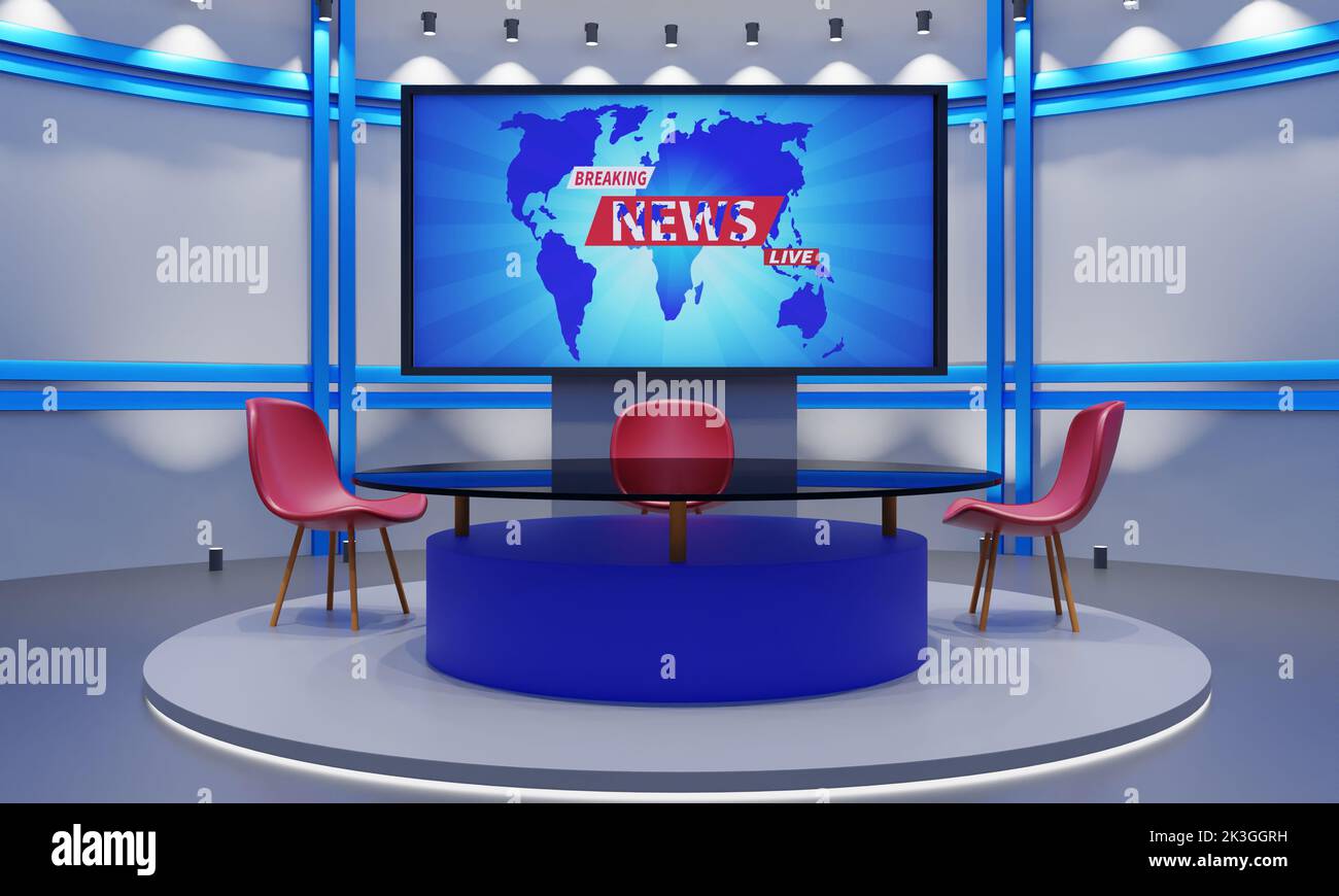 glass table and lcd background in the news studio room.3d rendering ...