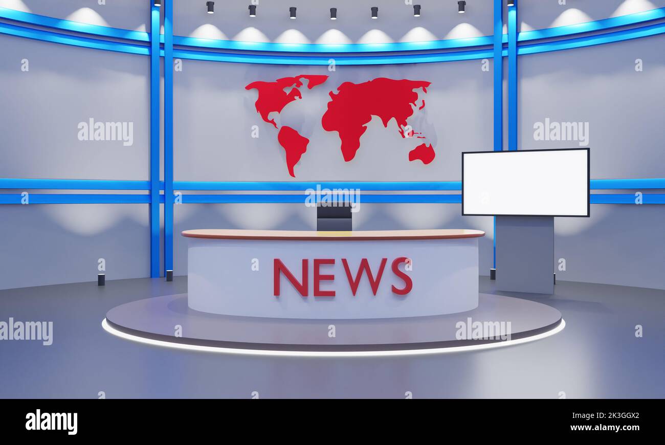 wood table and lcd background in the news studio room.3d rendering ...