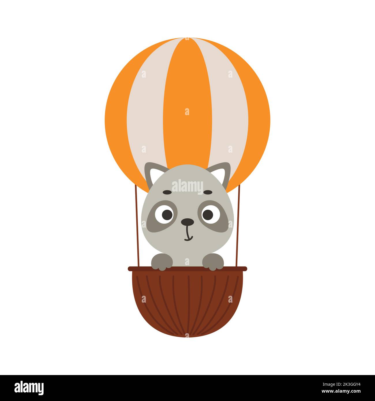 Cute little raccoon flying on hot air balloon. Cartoon animal character ...