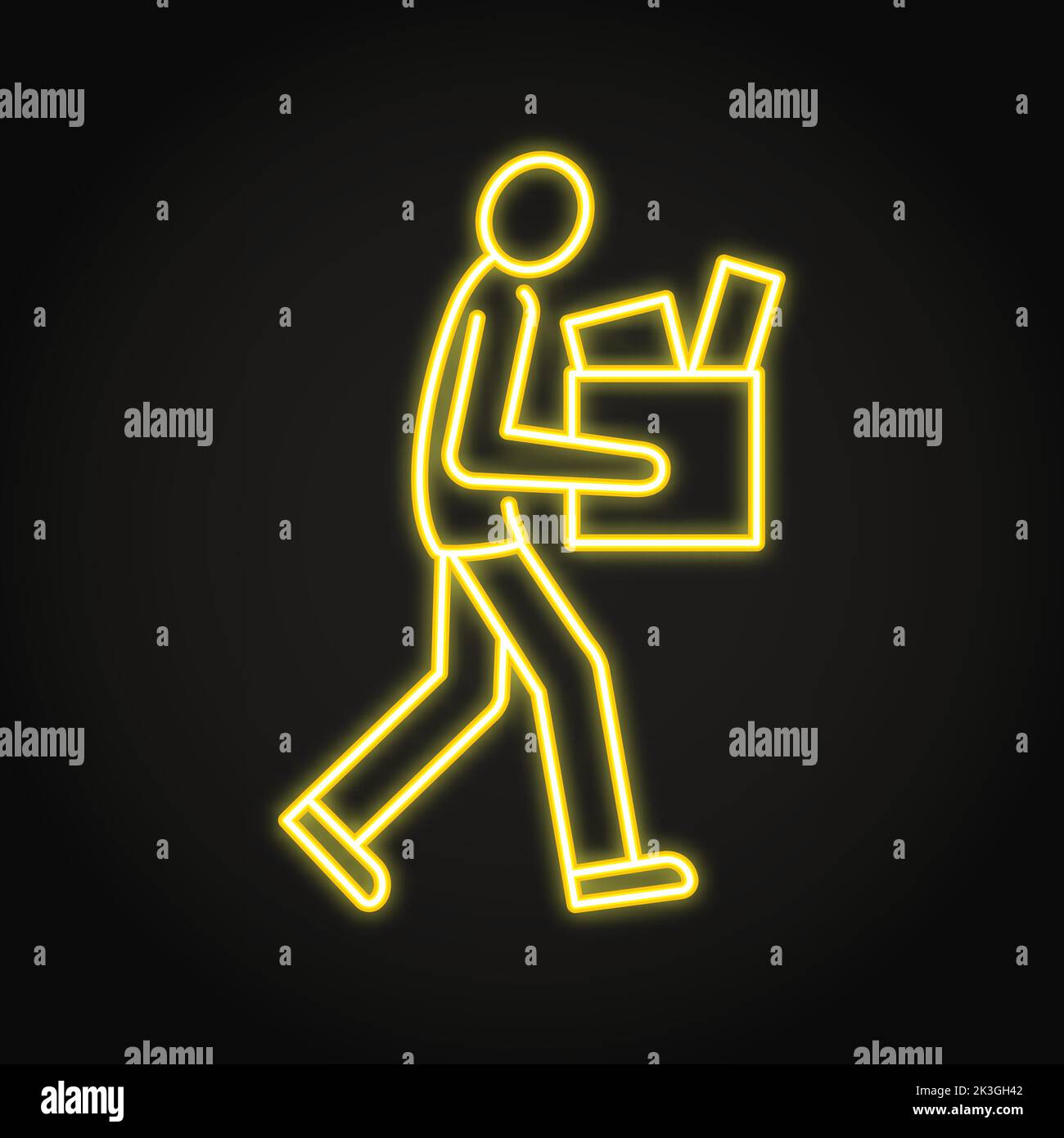 Dismissed man with box neon icon. Fired man carrying box with things ...
