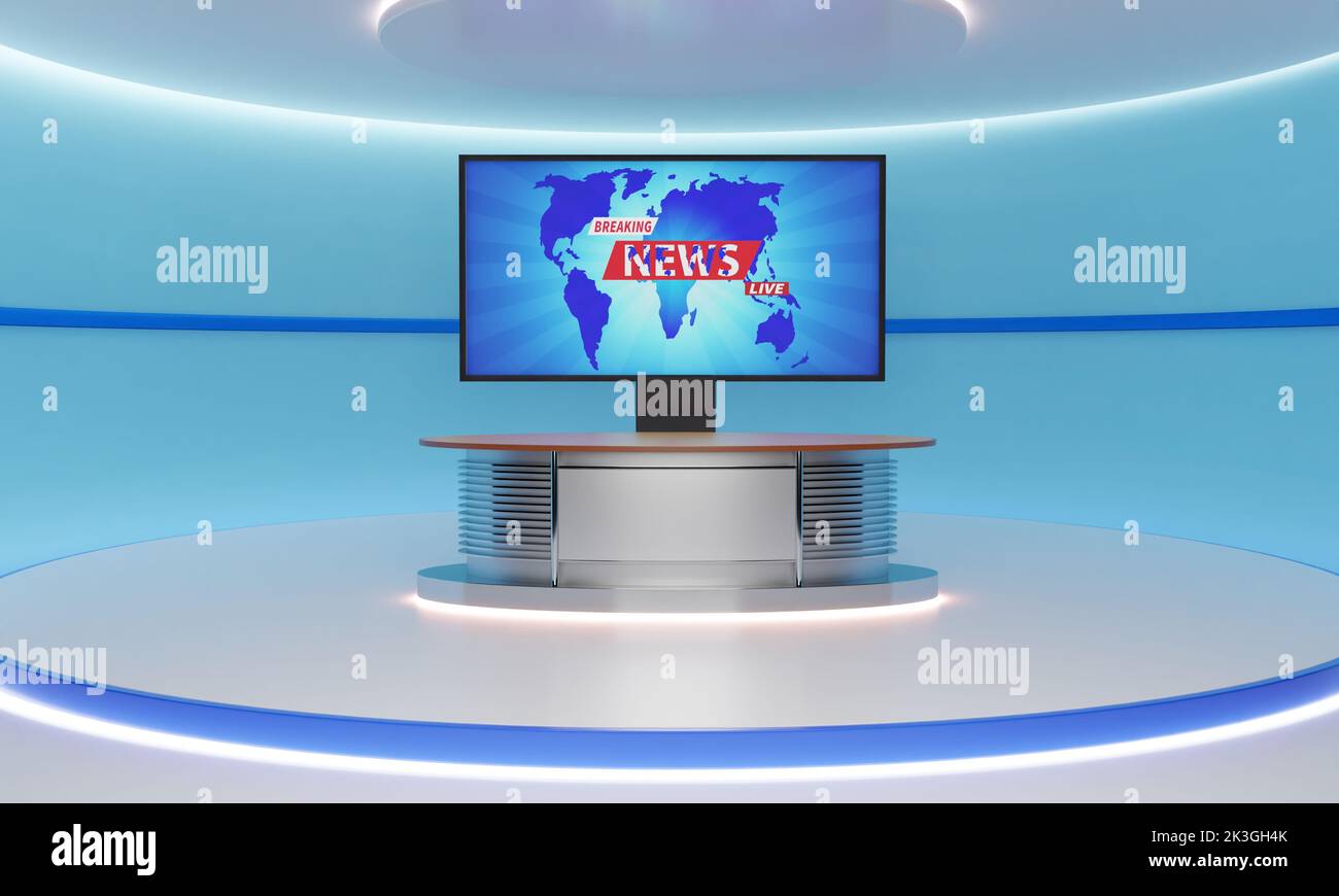 wood table and lcd background in the news studio room.3d rendering ...