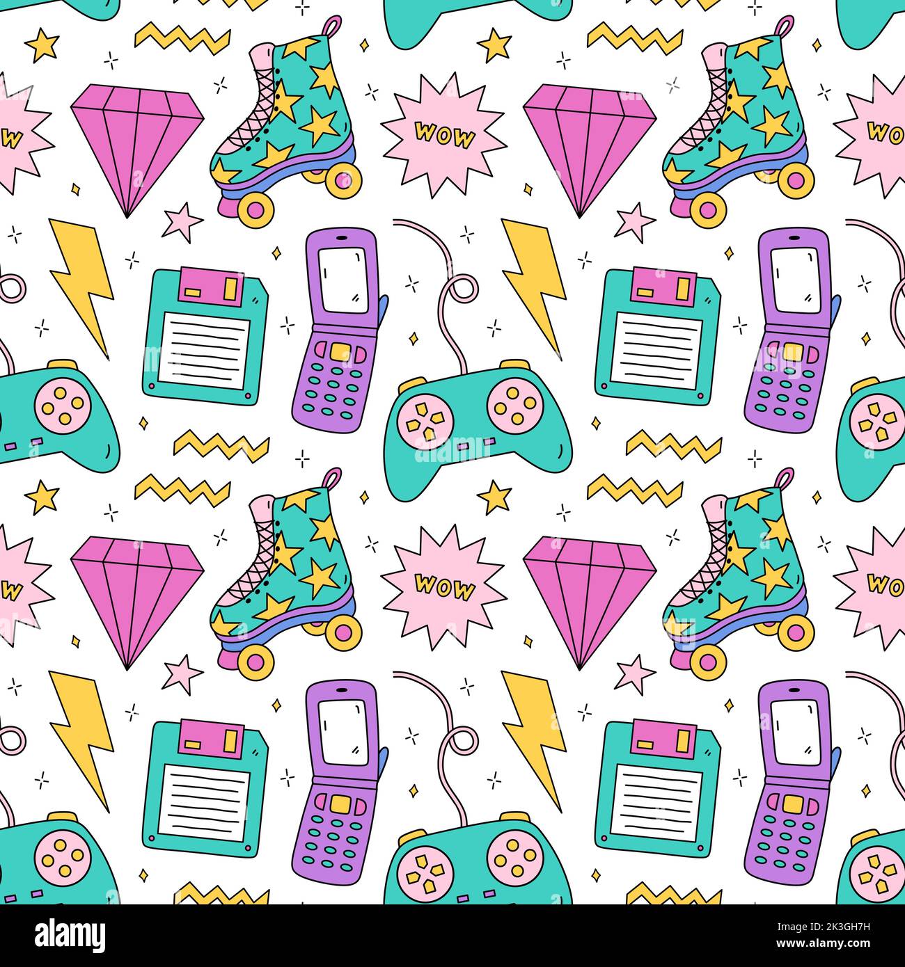 Bright seamless pattern with items from the nineties - floppy disk ...
