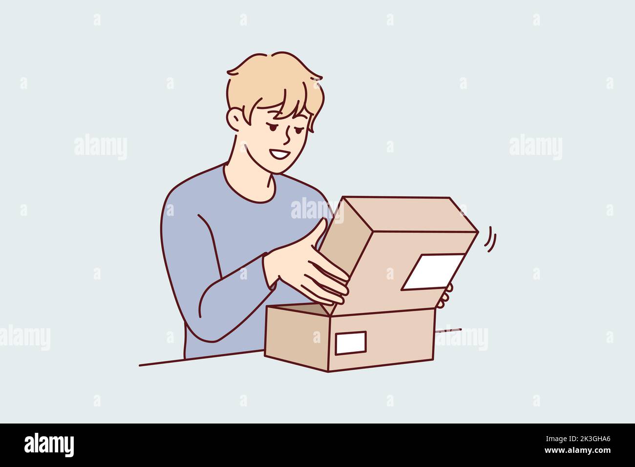 Excited young man open cardboard box shopping online. Smiling male ...