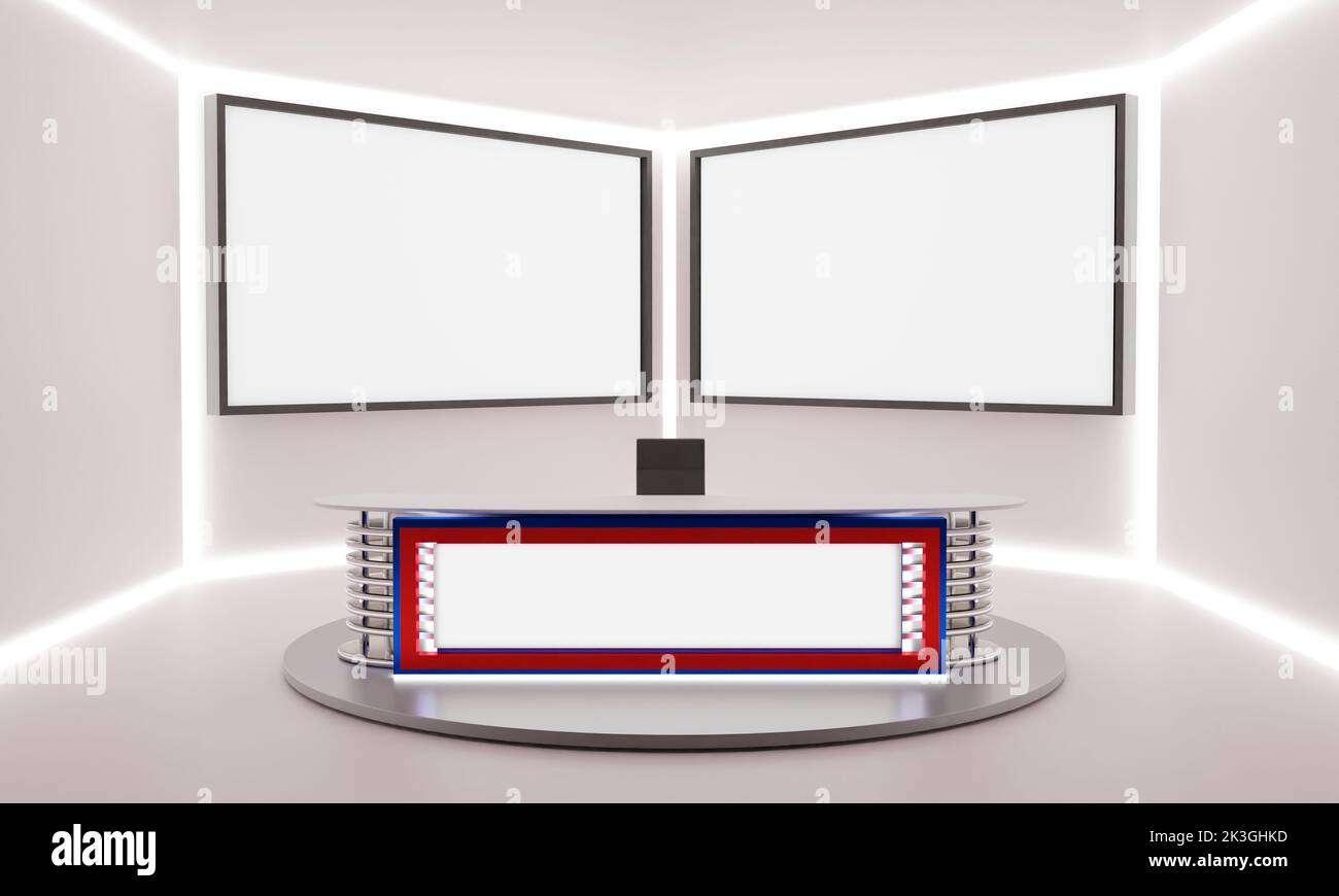 wood table and lcd background in the news studio room.3d rendering ...