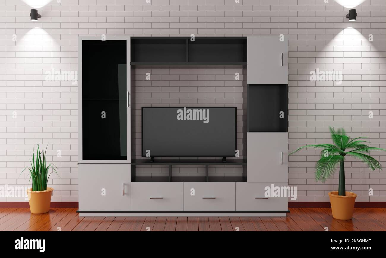 white showcase and cabinet in the living room.3d rendering Stock Photo ...